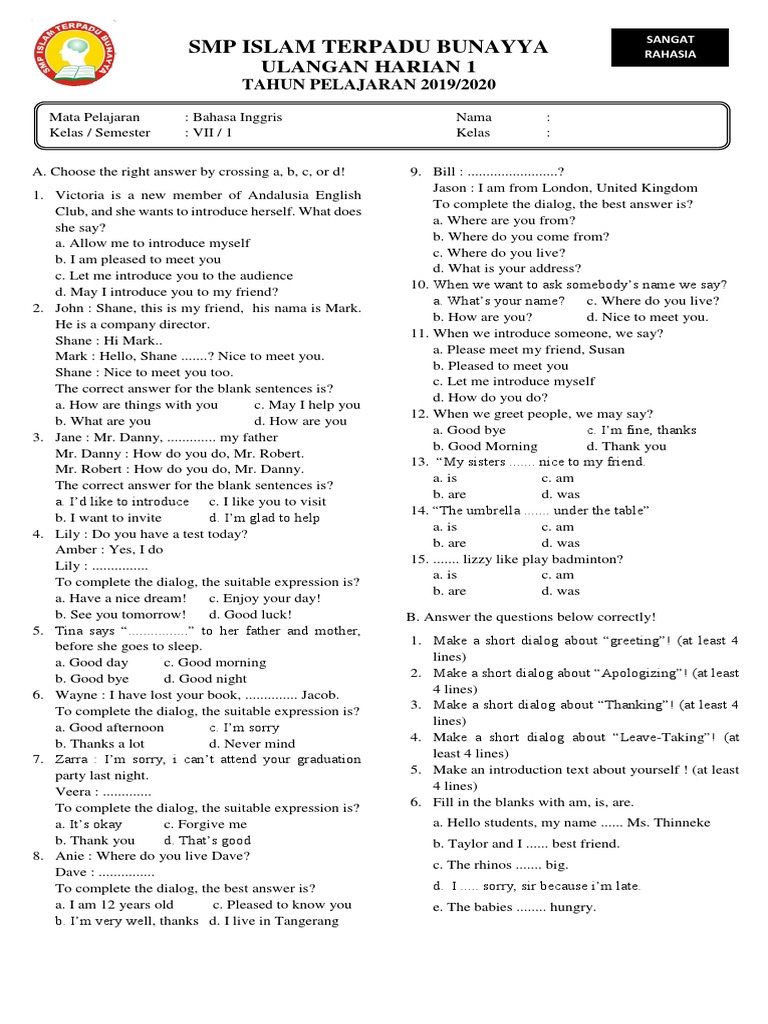 Soal Bahasa Inggris Kelas 7: Greeting & Introduction | PDF | Language ...