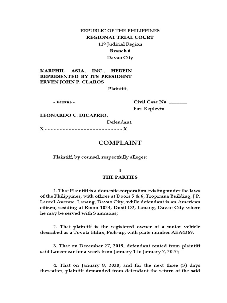 Replevin | PDF | Plaintiff | Complaint