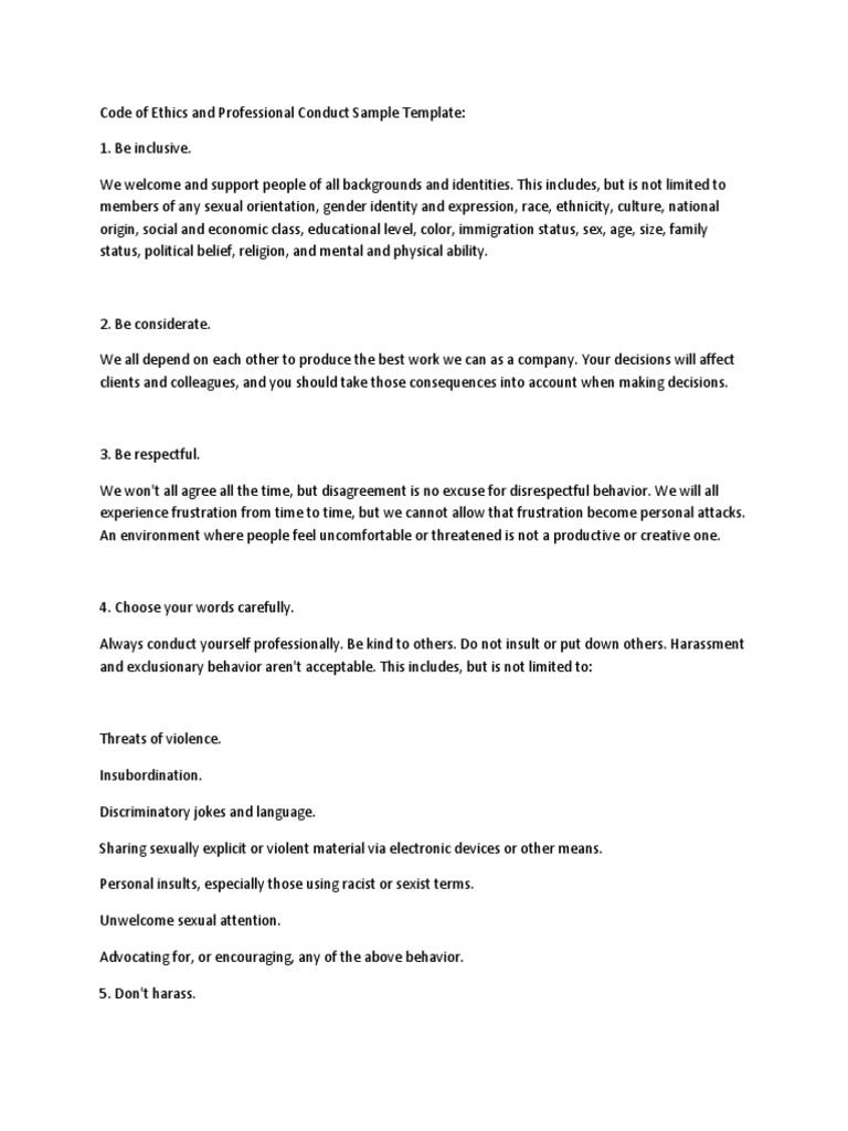 Code of Ethics and Professional Conduct Sample Template | PDF