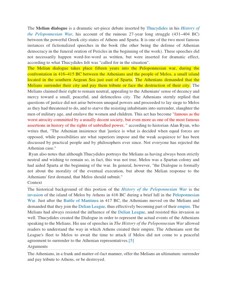 The Melos - Athens Dialogue. | PDF | Peloponnesian War | 1st Millennium Bc