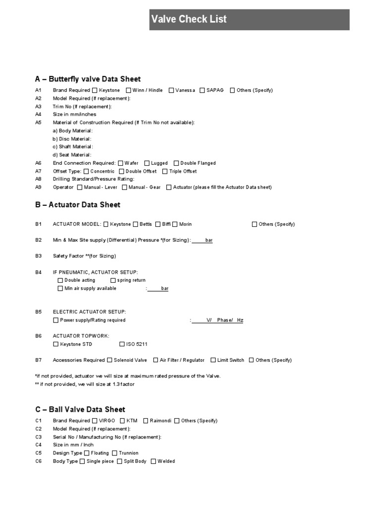 Valve Specification Checklist | PDF | Valve | Gas Technologies