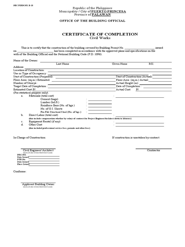 6 - NBC Form No - B-10 - Civil Works (Application For Occupancy Permit ...