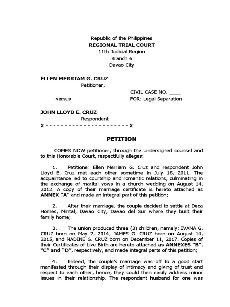Legal Separation Petition in Davao City | PDF | Affidavit | Marriage