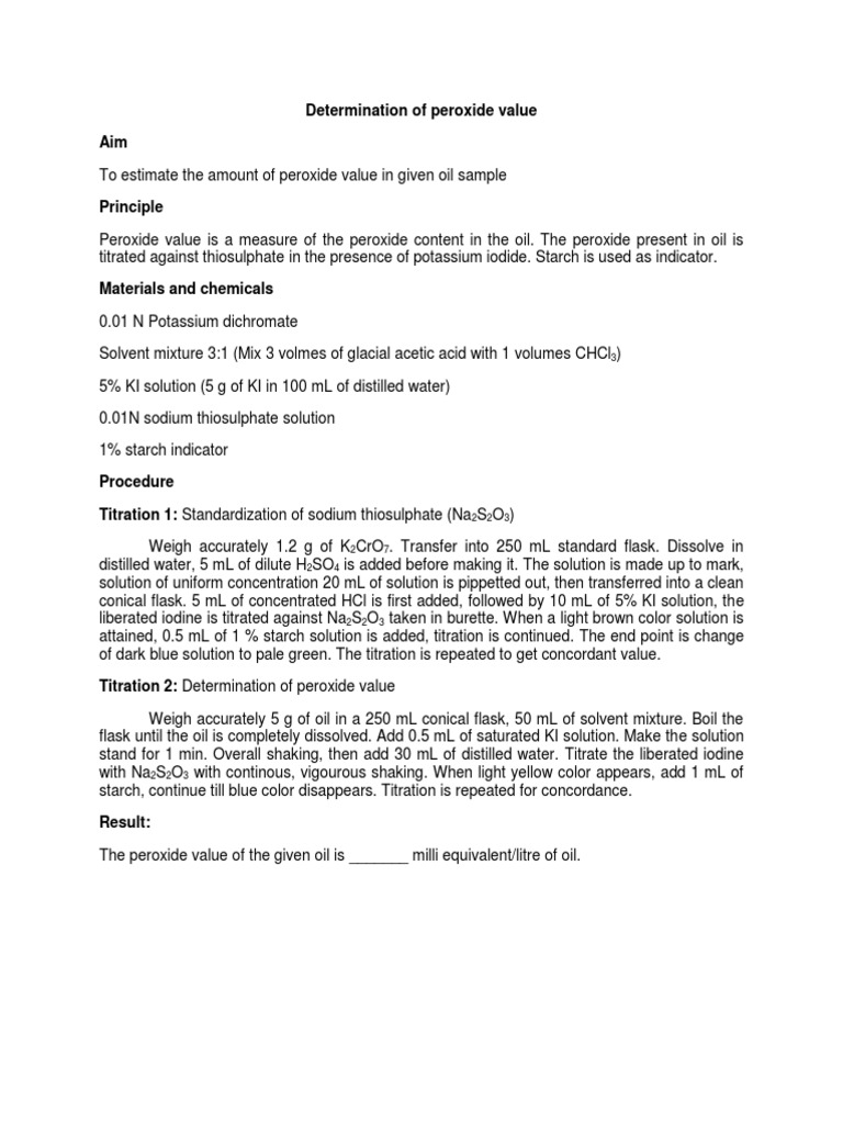 Peroxide Value Determination in Oils | PDF | Titration | Chemistry