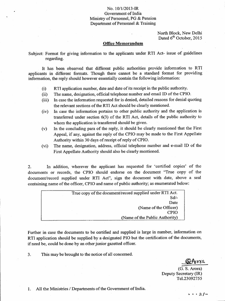 DoPT OM DT 6-10-2015 On Format of Reply and Certified Copy - 10 - 1 - 2013-IR-06102015 | PDF ...