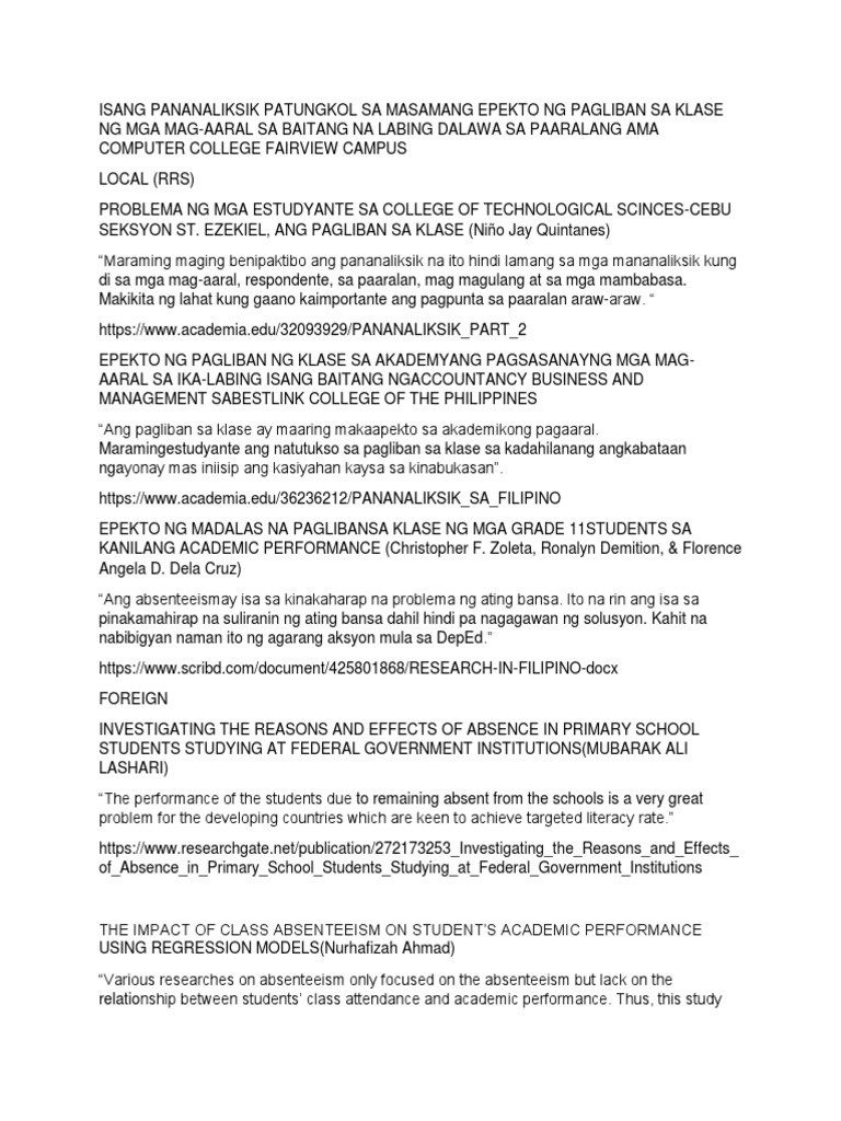 Isang Pananaliksik Patungkol Sa Masamang Epekto NG Pagliban Sa Klase NG ...