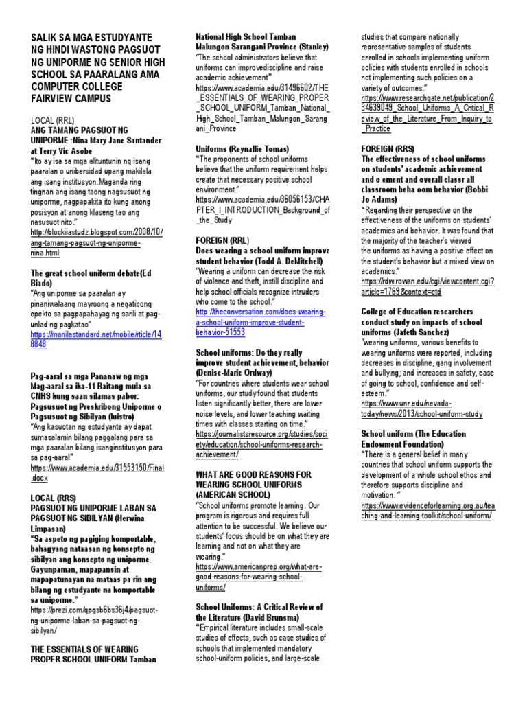 Salik Sa Mga Estudyante NG Hindi Wastong Pagsuot NG Uniporme NG Senior High School Sa Paaralang ...