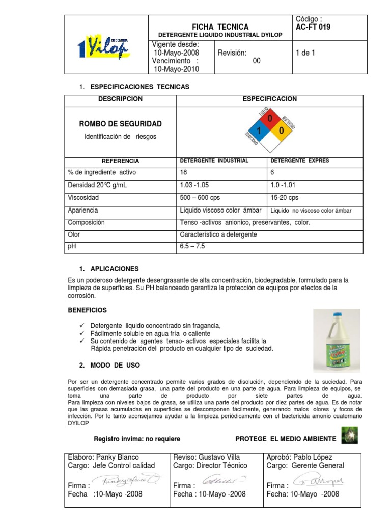 Ficha Tecnica Detergente Liquido Industrial PDF | PDF