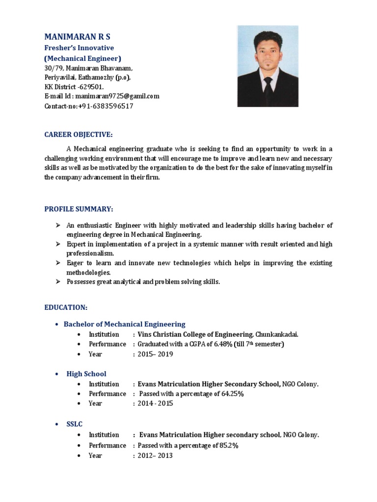 Manimaran Resume | PDF | Mechanical Engineering | Engineering