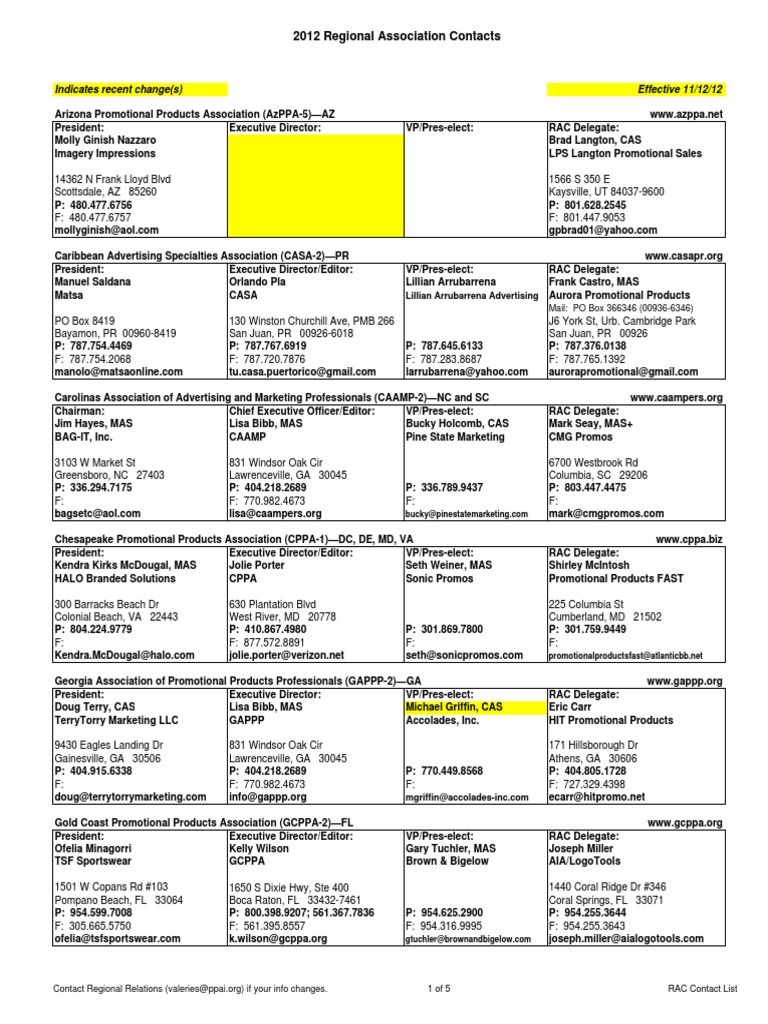 2012 RAC Contact List - XLSX - Regional Association Council | PDF ...