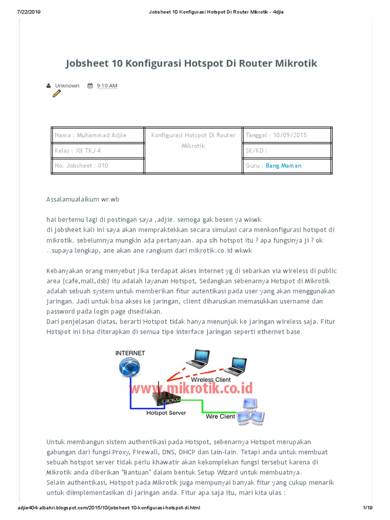 Jobsheet 10 Konfigurasi Hotspot Di Router Mikrotik - 4djie PDF | PDF
