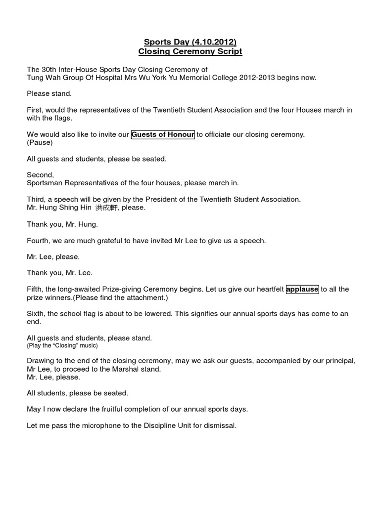 Closing - Ceremony MC Script - 4.10.2012 | PDF