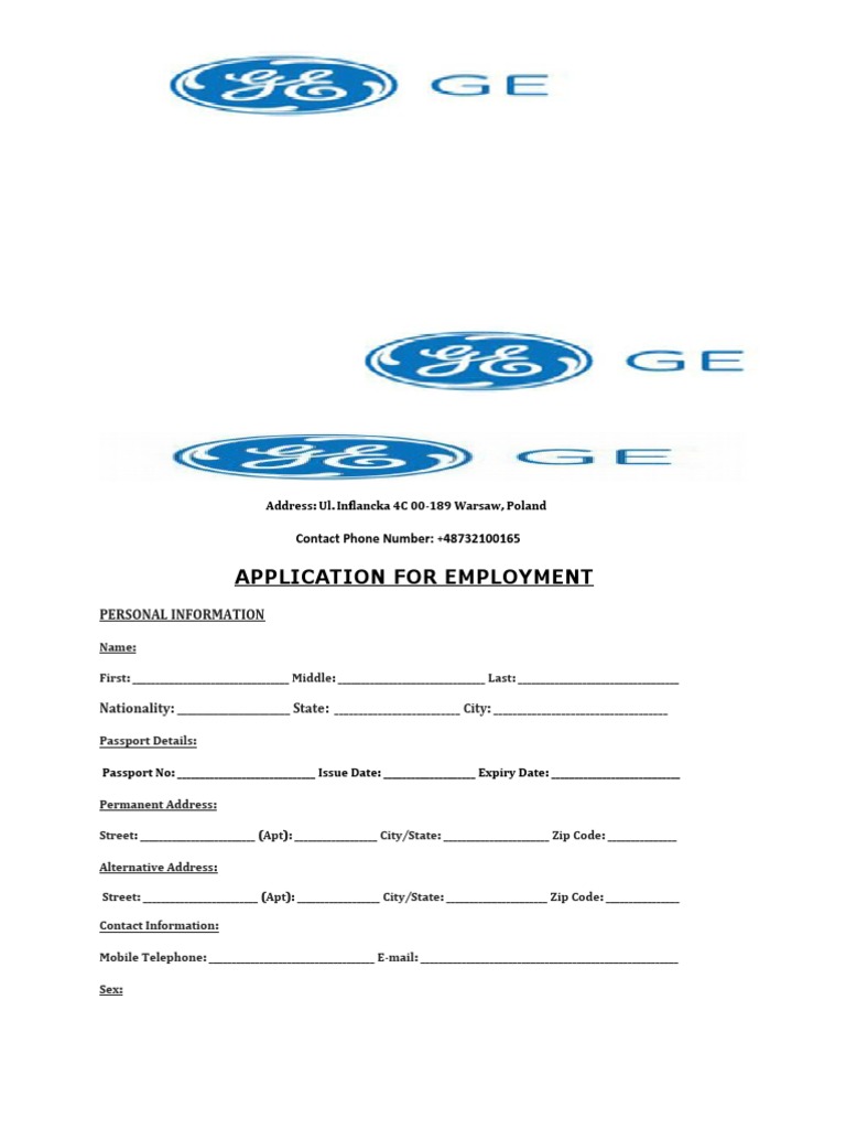 General Electric (GE) Application Form | PDF | Business | Computing And ...