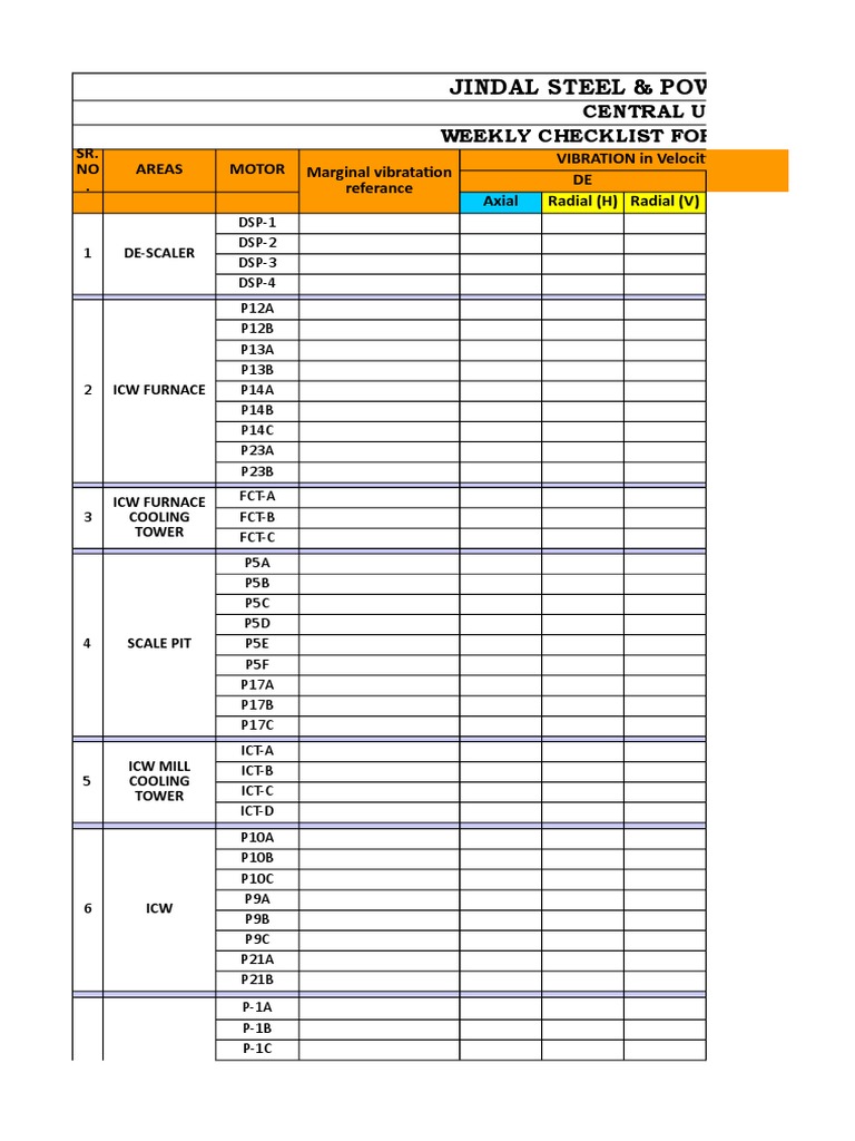 WEEKLY MOTOR VIBRATION Checklist | PDF | Turbomachinery | Gas Technologies