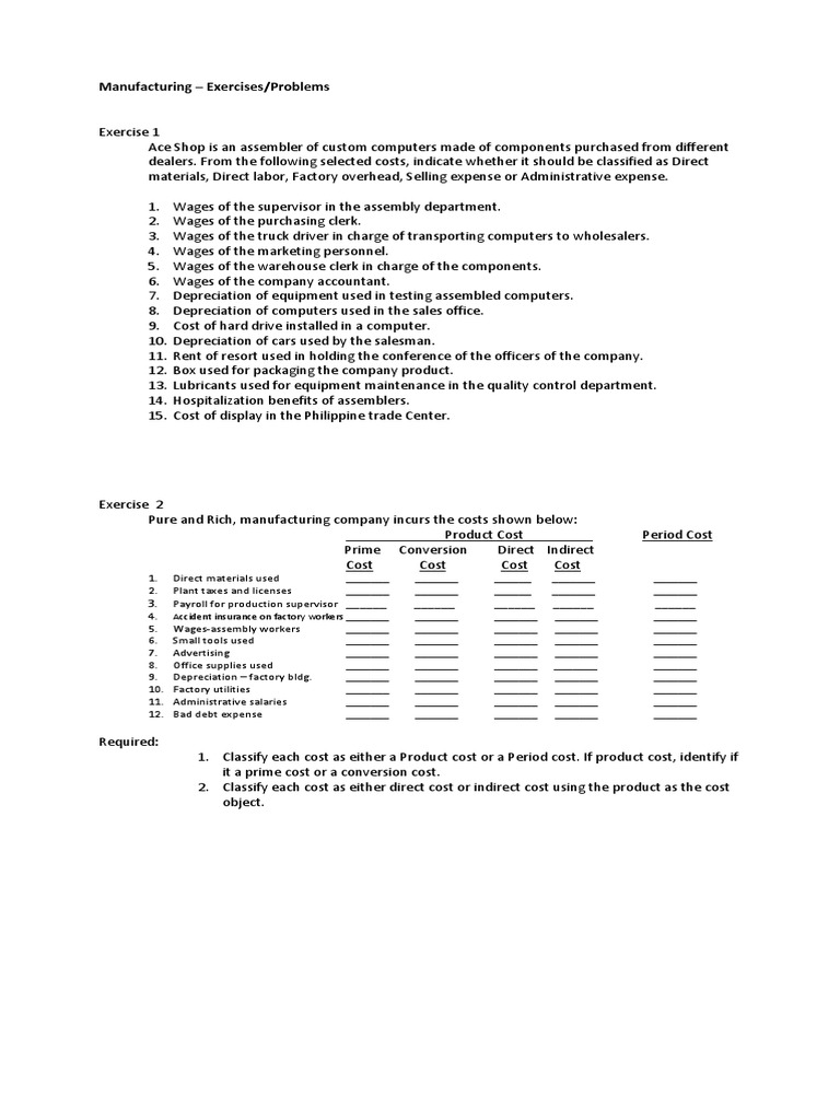 Manufacturing Exercise 1 | PDF | Cost | Supply Chain Management