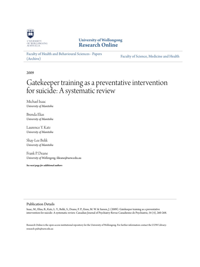 Gatekeeper Training As A Preventative Intervention PDF | PDF