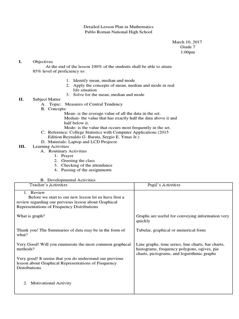 Detailed Lesson Plan in Mathematics | PDF | Mean | Mode (Statistics)