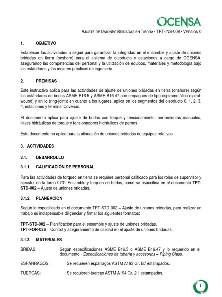 Tpt-Ins-008 Instructivo de Ajuste de Uniones Bridadas en Tierra | PDF ...
