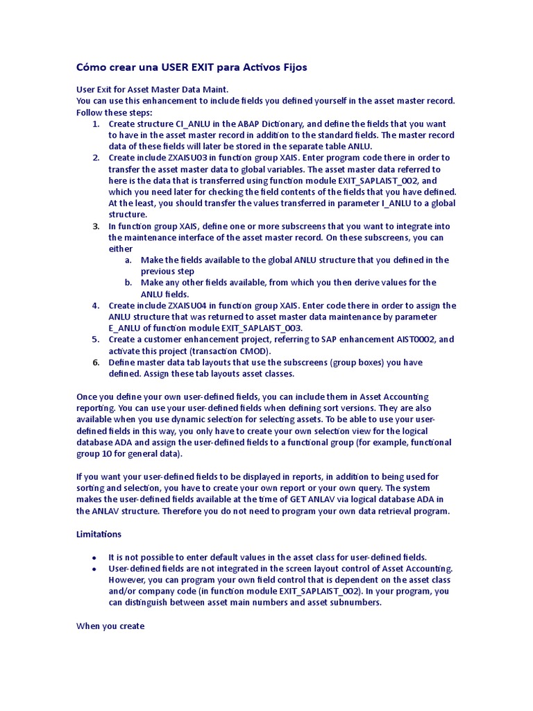 84 Cómo Crear Una User Exit para Activos Fijos ANLU | PDF | Subroutine | Databases