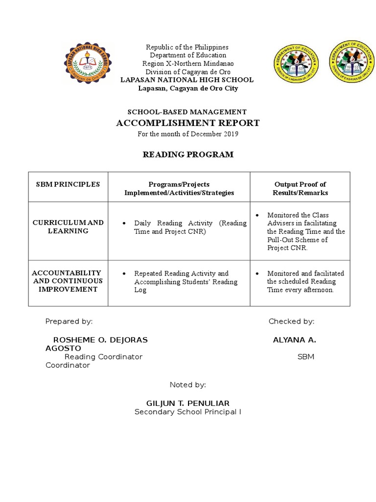 Accomplishment Report Reading Program December | PDF Accomplishment Report Reading Program December | PDF