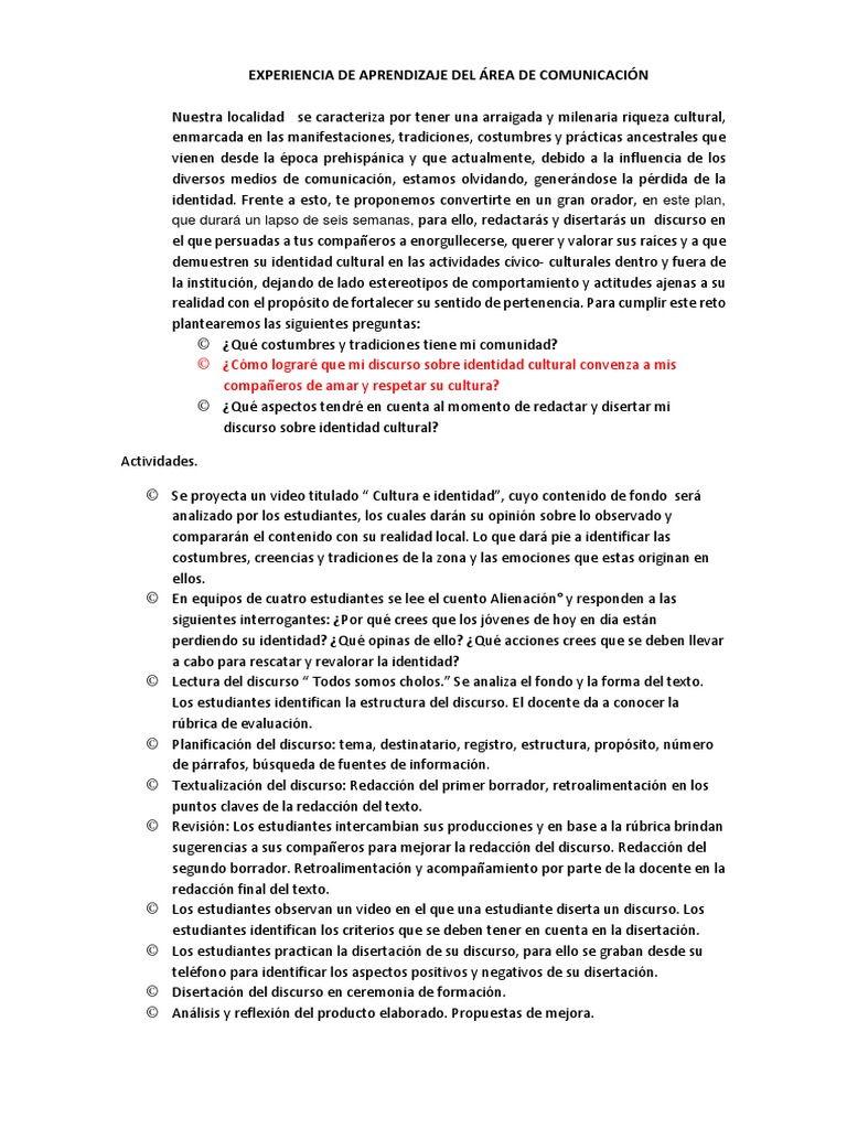 Experiencia De Aprendizaje Comunicacion 1 Pdf