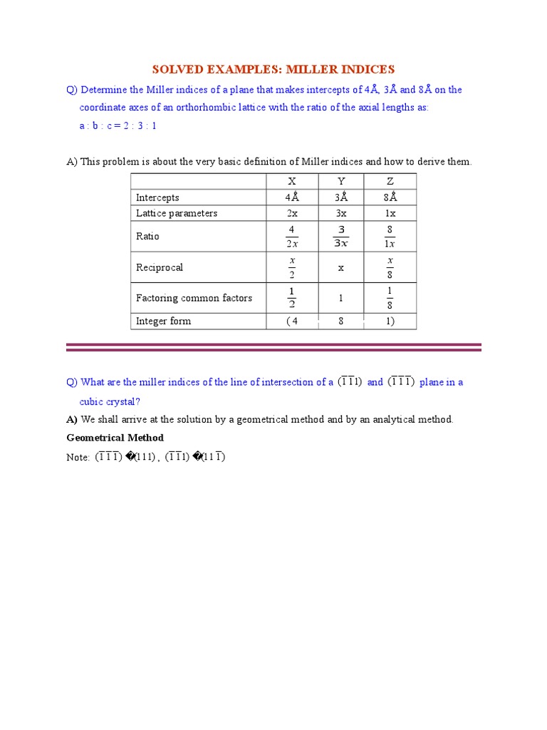 Solved Examples of Miller Indices | PDF | Teaching Methods & Materials
