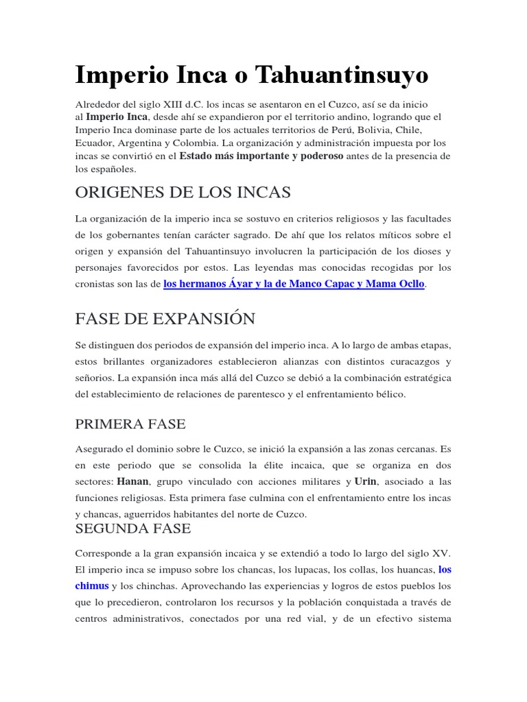 Imperio Inca o Tahuantinsuyo | PDF