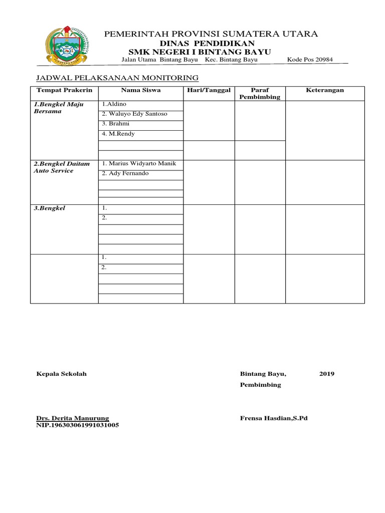 Jadwal Monitoring PKL 2019 | PDF