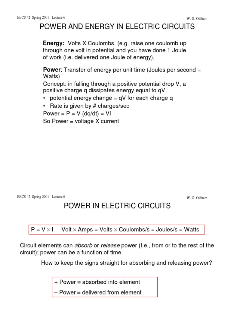 Power and Energy in Electric Circuits: Energy: Volts X Coulombs (E.g ...