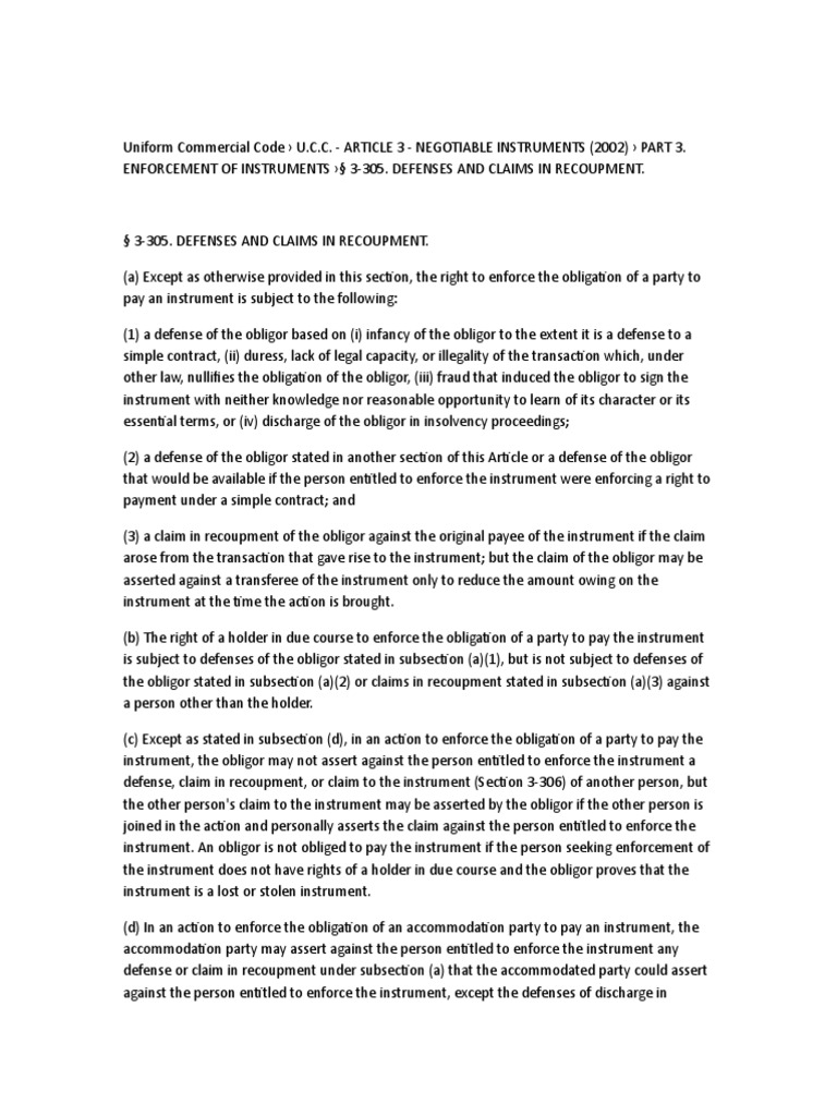 Ucc 3-305 Defenses and Claims in Recoupment | PDF