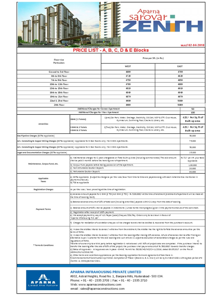 Aparna Zenith Pricing and Floor Plans | PDF | Payments | Cheque