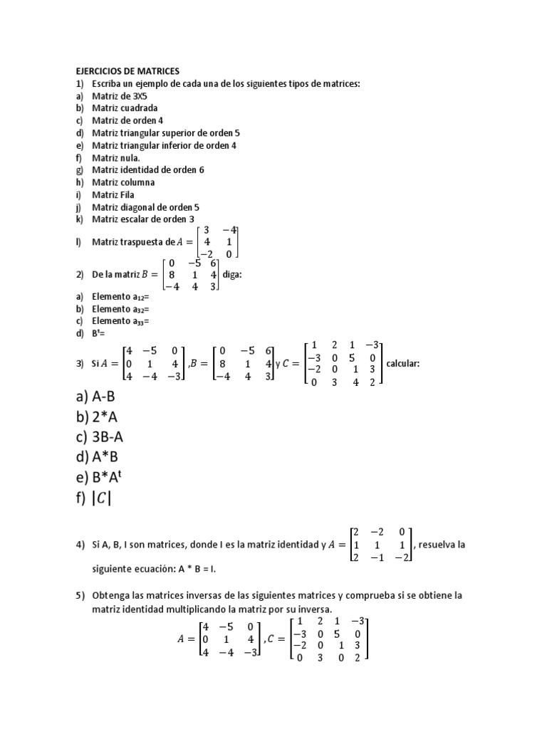Ejercicios y operaciones con matrices | PDF