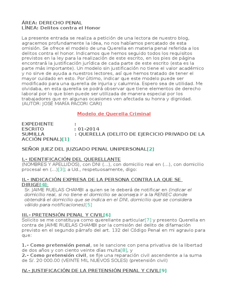 Modelo De Querella Criminal PDF Queja Derecho Penal