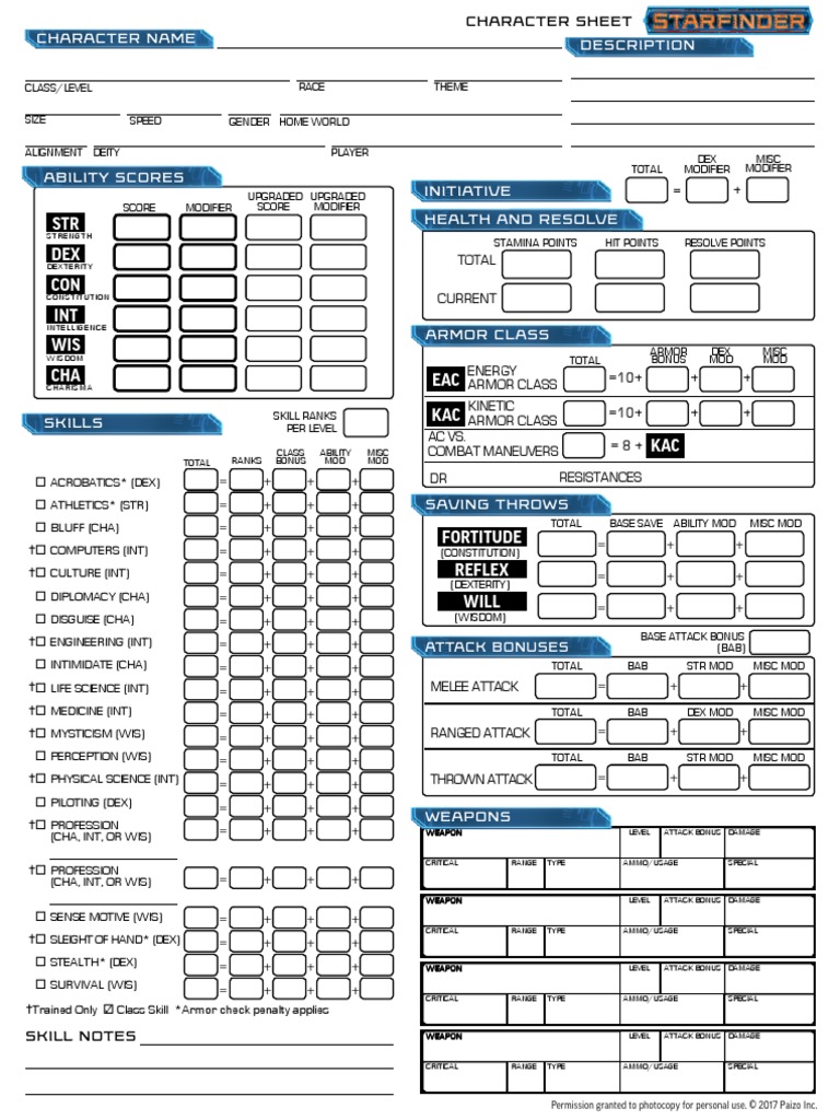 Starfinder RPG Character Sheet | PDF | Game Design | Video Games