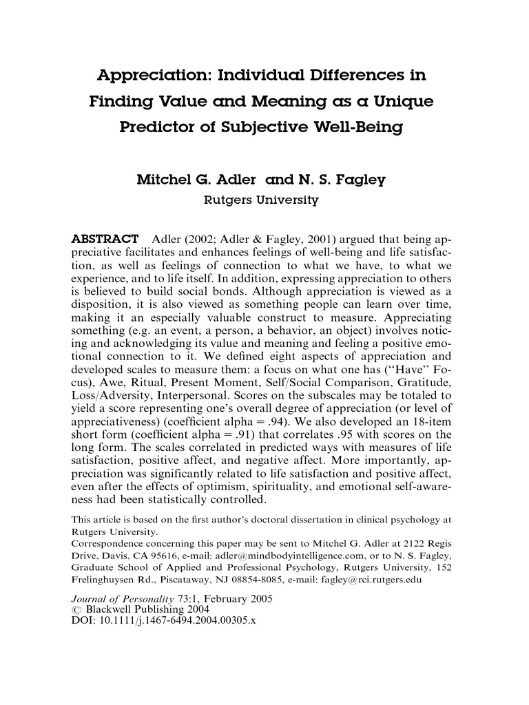 Understanding Appreciation's Impact on Well-Being | PDF | Cronbach's ...