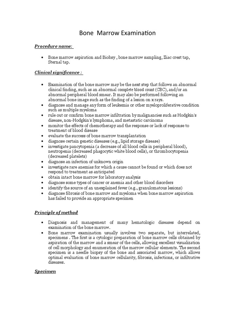 Bone Marrow Examination: Procedure Name | PDF | Bone Marrow | Multiple ...