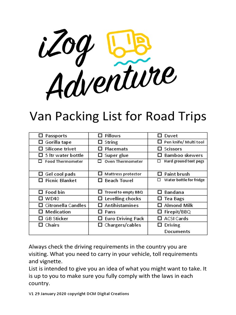 Van Packing List For Road Trips v1 PDF | PDF