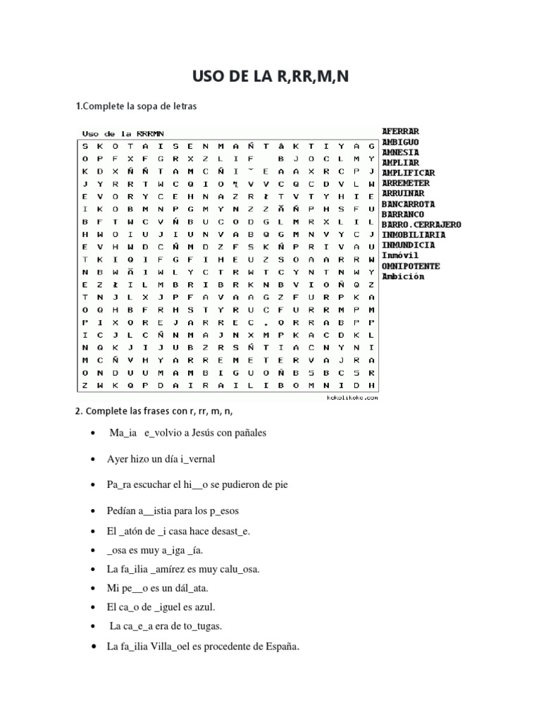 Ejercicios de R, RR, M y N en Español | PDF