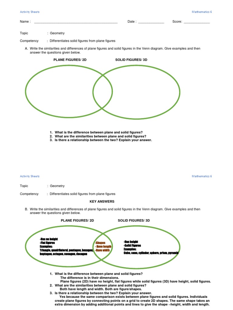 Activity Sheet 2 Differentiate Solid Figures From Plane Figures | PDF