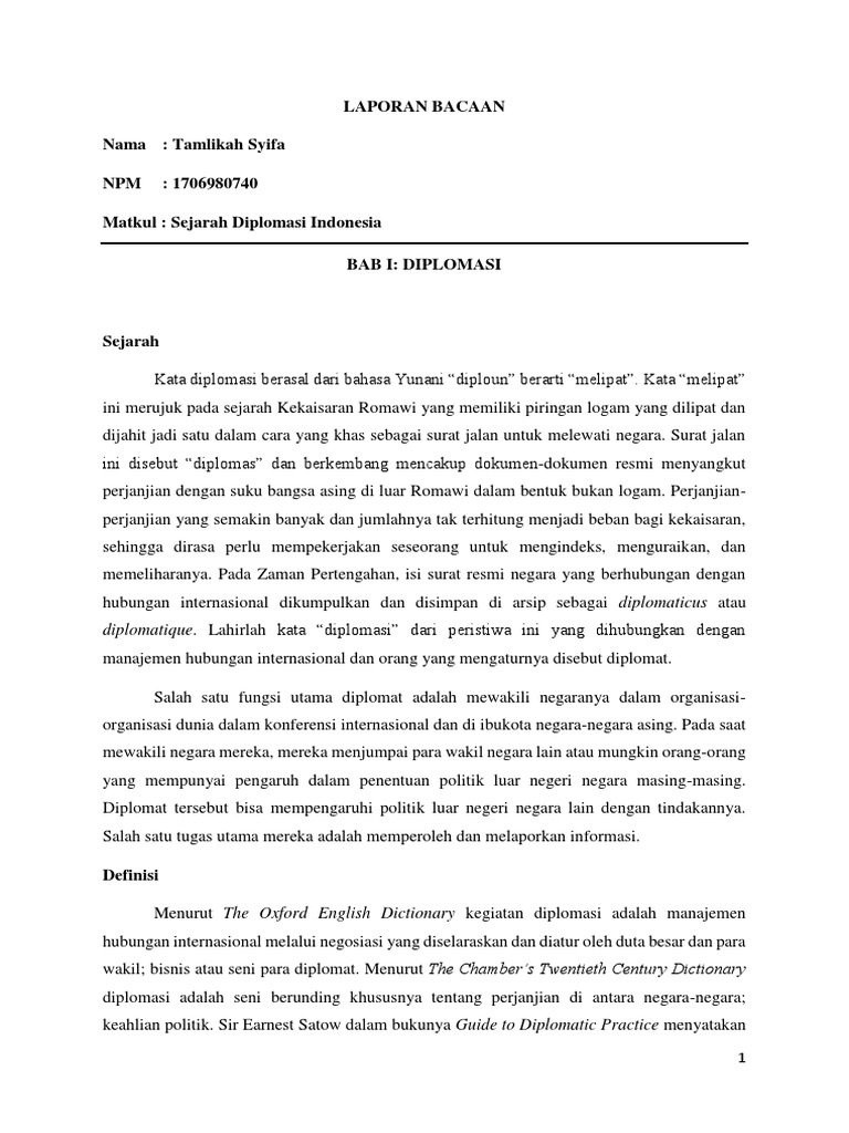 Laporan Bacaan Sejarah Diplomasi Indonesia | PDF