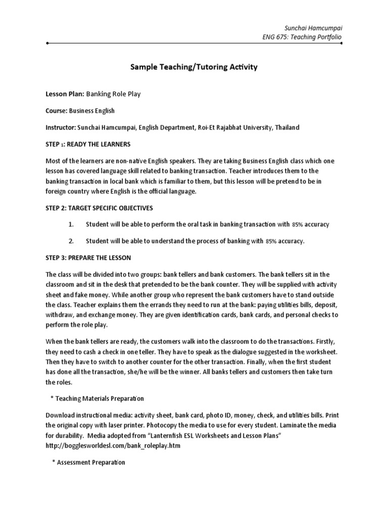 Sample Teaching/Tutoring Activity: Lesson Plan: Banking Role Play | PDF ...