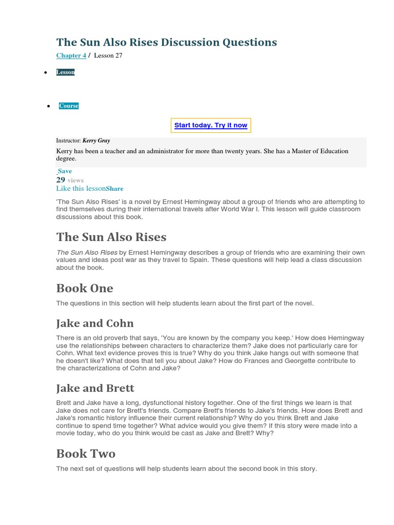 Discussion Questions for "The Sun Also Rises" | PDF