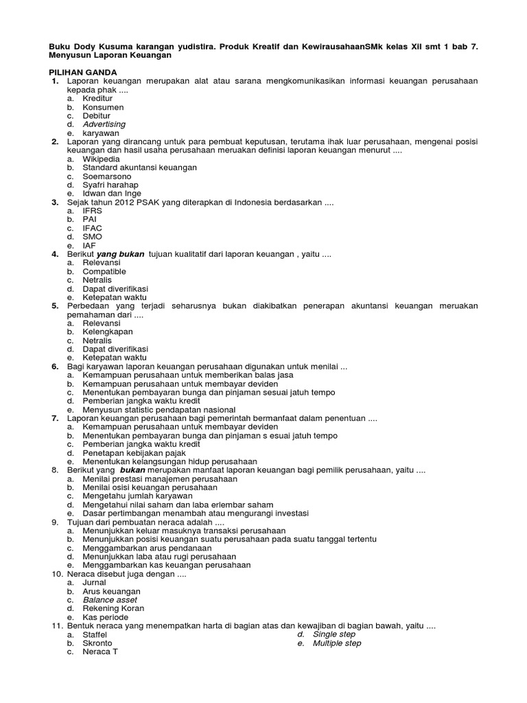 Latihan Akhir Bab 7. Menyusun Laporan Keuangan Buku Dody Kusuma | PDF