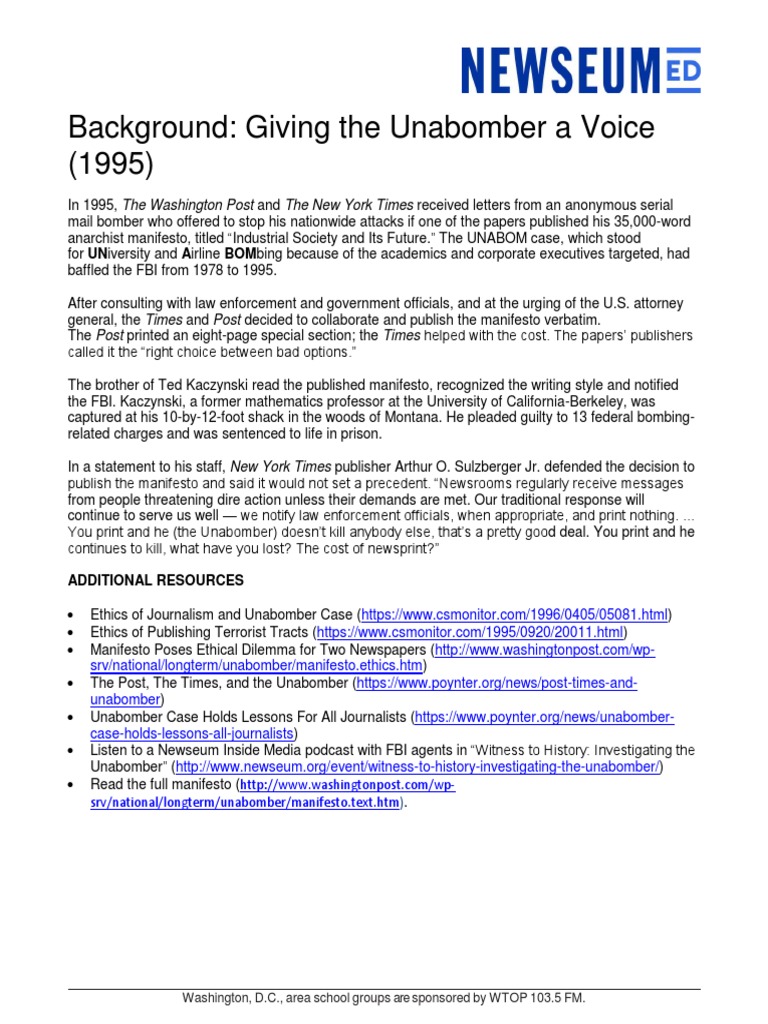 Unabomber Manifesto Publication Ethics | PDF