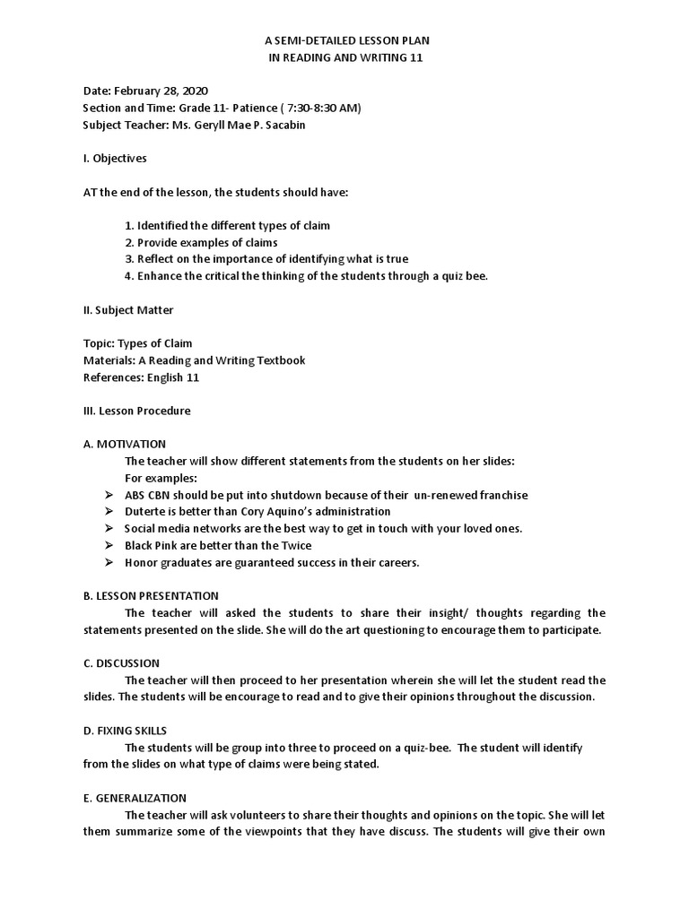 Semi-Detailed Lesson Plan: Claims in English | PDF