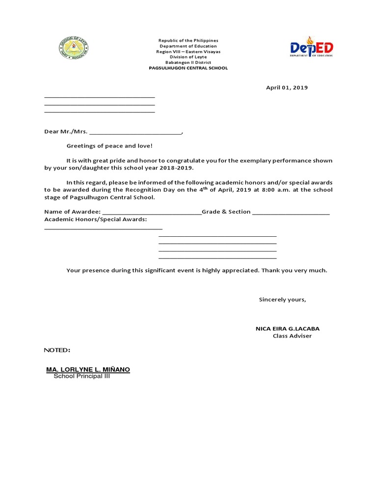 Letter For Honor Pupils | PDF