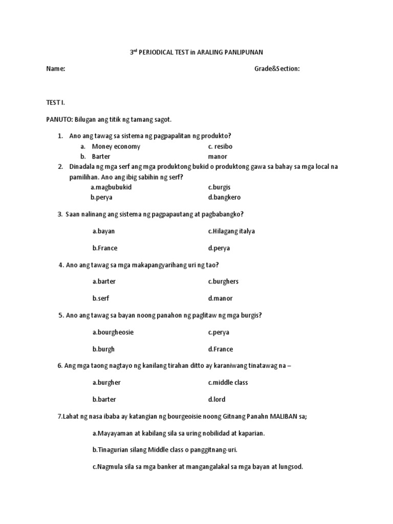 3rd PERIODICAL TEST in ARALING PANLIPUNAN | PDF 3rd PERIODICAL TEST in ARALING PANLIPUNAN | PDF