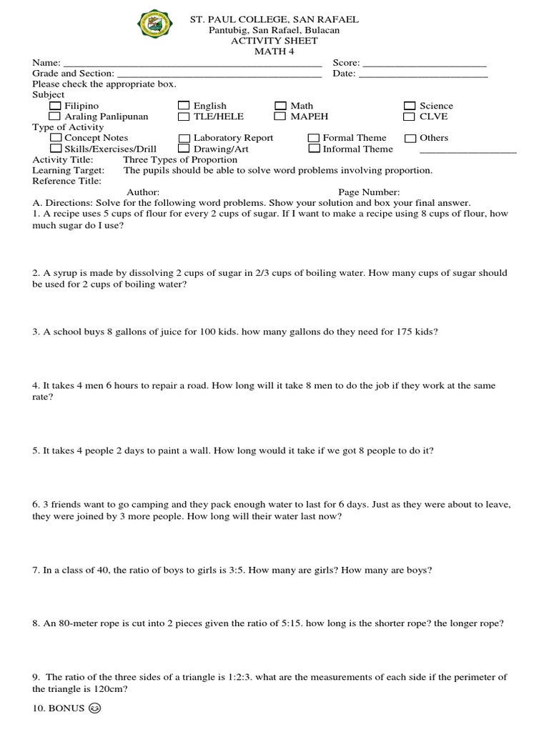 Proportion Word Problems Activity Sheet | PDF