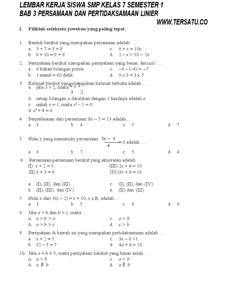 Soal Uh MTK SMP Kelas 7 Bab Persamaan Dan Pertidaksamaan Linier Semester 1 | PDF