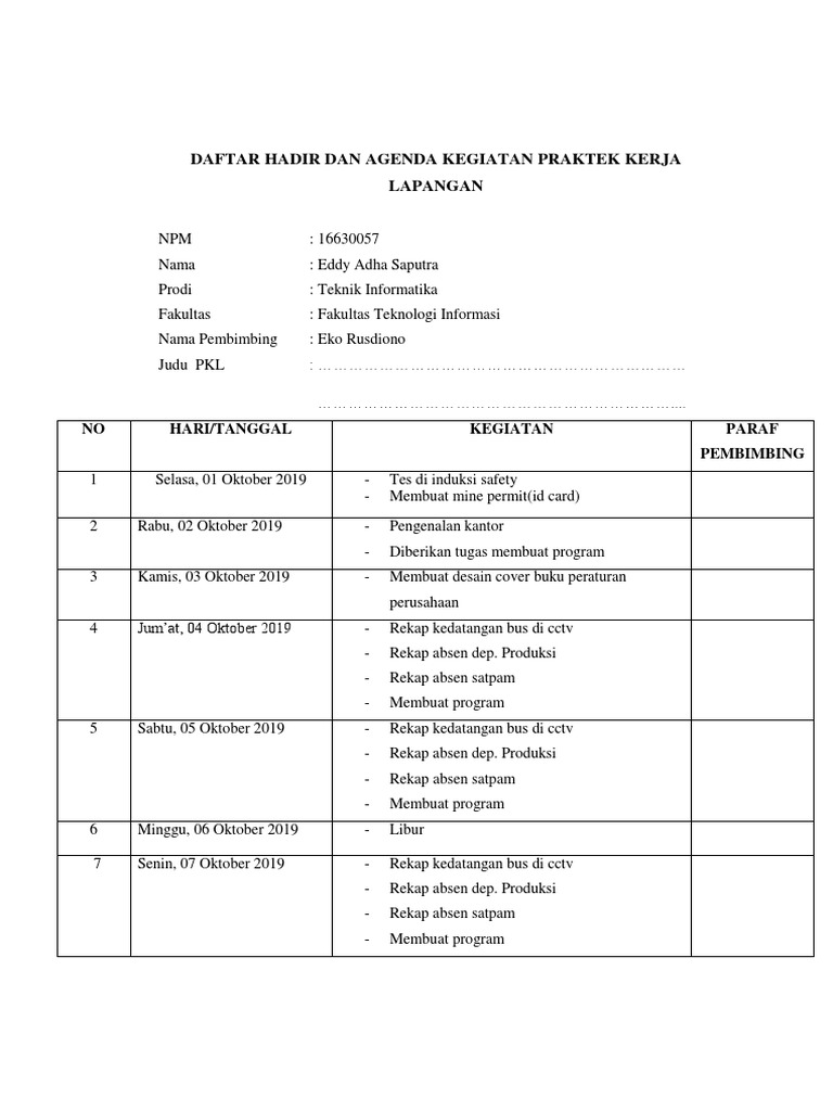 Daftar Hadir Dan Agenda Kegiatan Praktek Kerja Lapangan | PDF
